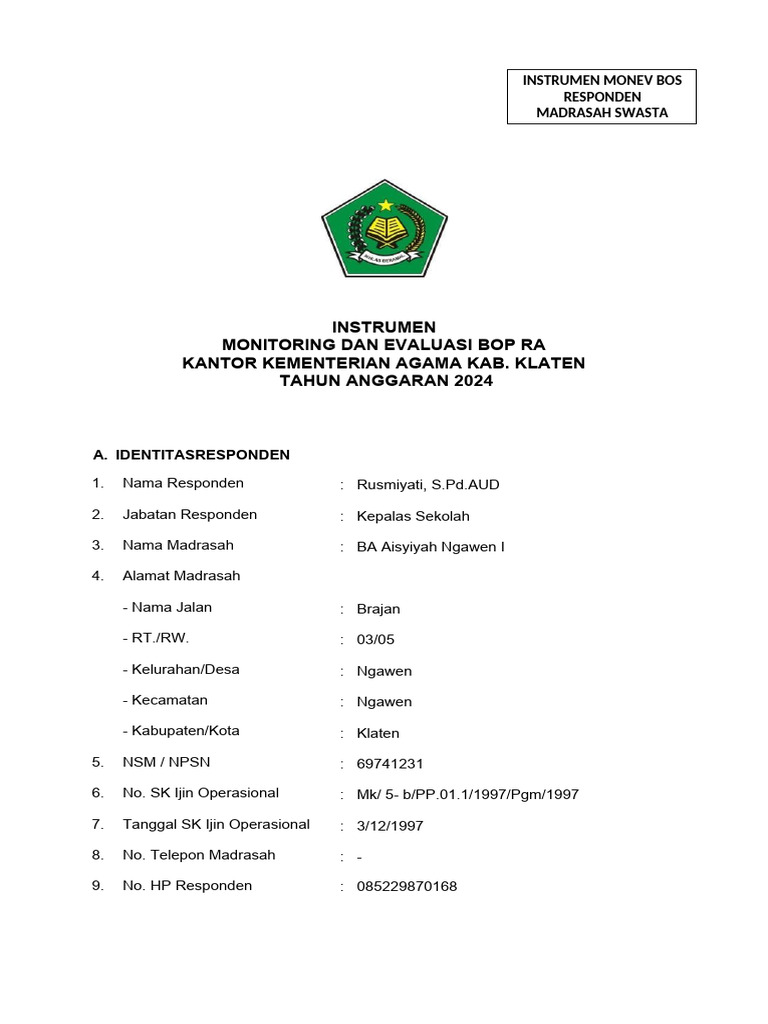 Instrumen Monev BOP Madrasah 2024 | PDF