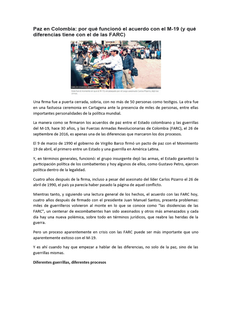 Paz Colombia: Éxito M-19 vs FARC | PDF | Guerra de guerrillas | Colombia