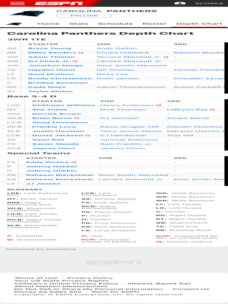 Carolina Panthers Depth Chart ESPN | PDF | American Football People ...