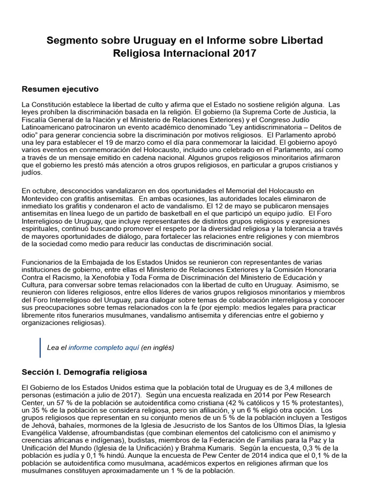 Uruguay en El Informe Sobre Libertad Religiosa Internacional 2017 - Embajada de Estados Unidos ...