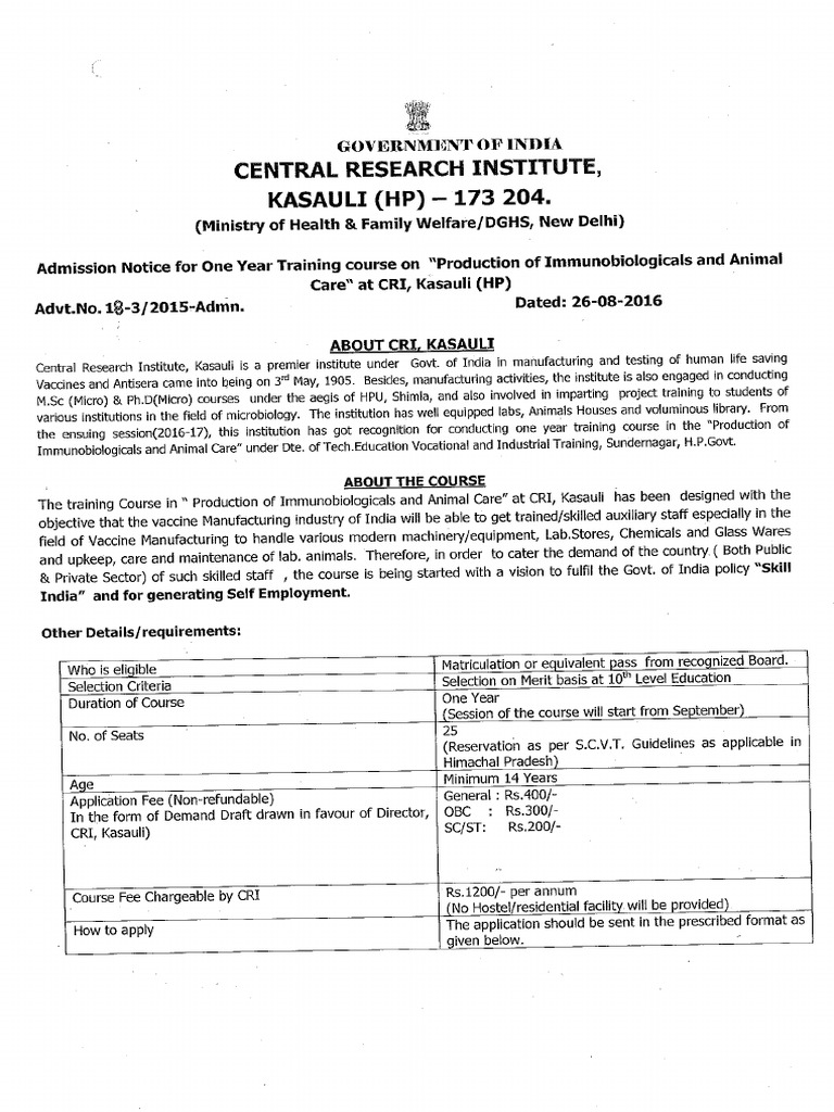 Advertisment For One Year Certificate Course | PDF