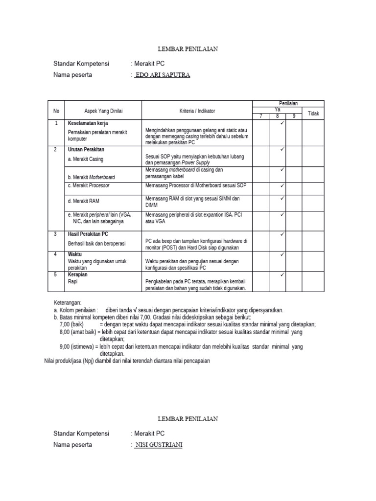 Lembar Penilaian LPK Inten | PDF