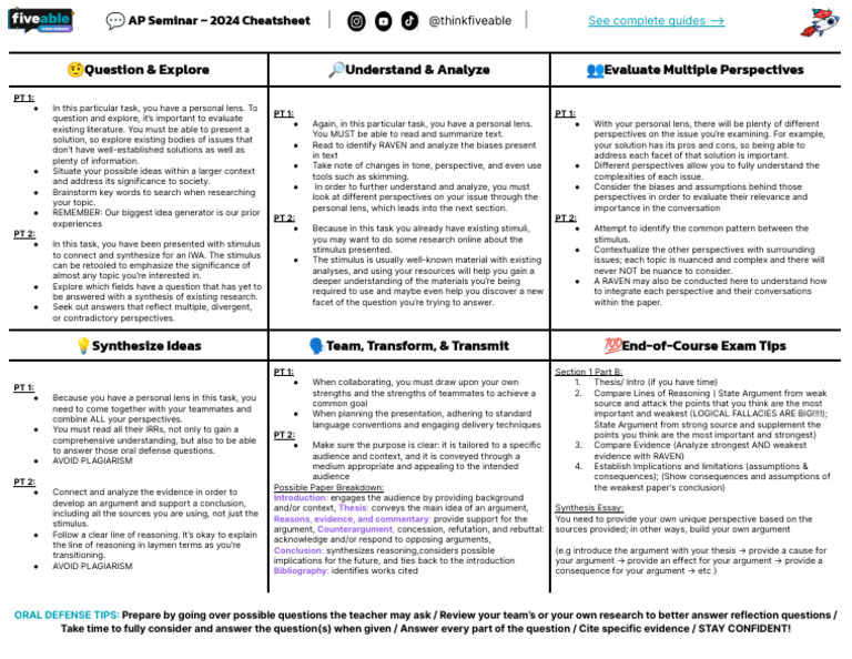 AP Seminar 2024 Exam Cheatsheet | PDF | Argument | Reason
