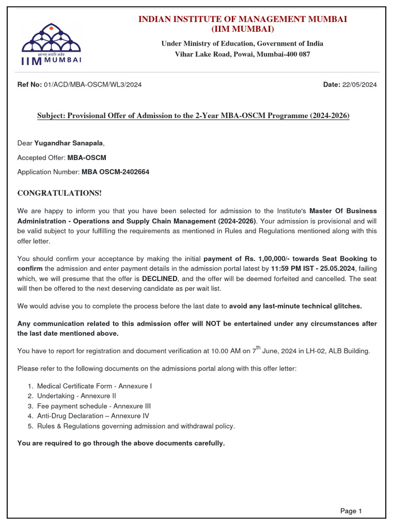 Yugandhar Sanapala - IIM Mumbai Offer Letter | PDF