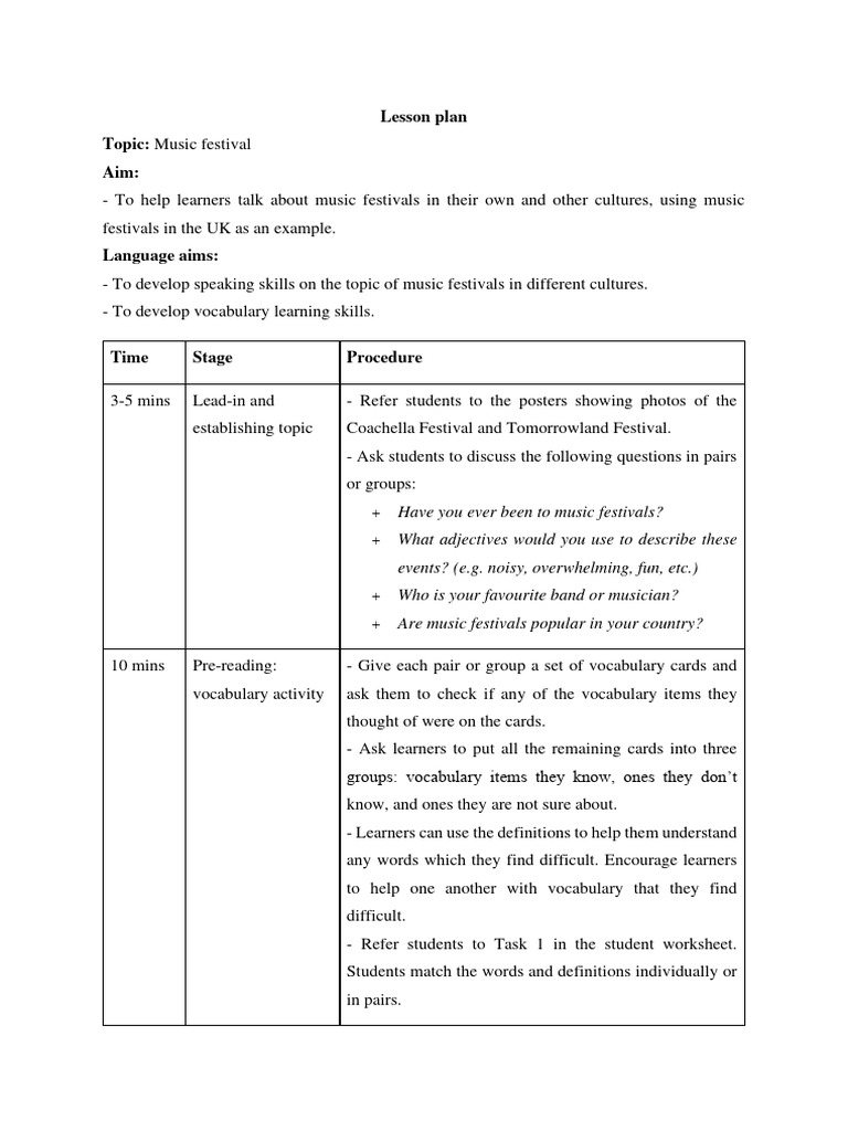 Music Festival Lesson Plan | PDF | Vocabulary