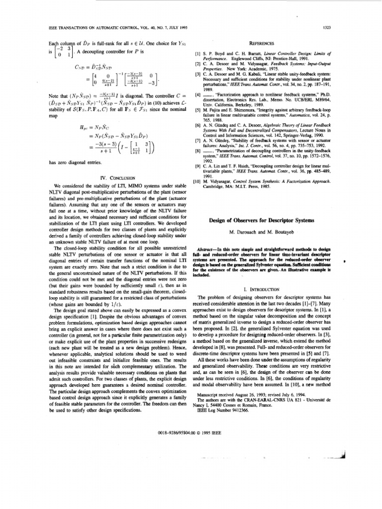 darouach1995 | PDF | Matrix (Mathematics) | Control Theory