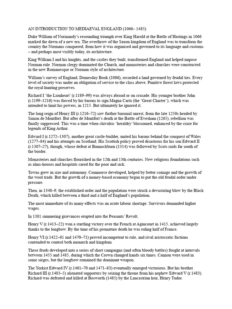 Middle Ages Pre-Excursion Reading | PDF | Normans | Kingdom Of England