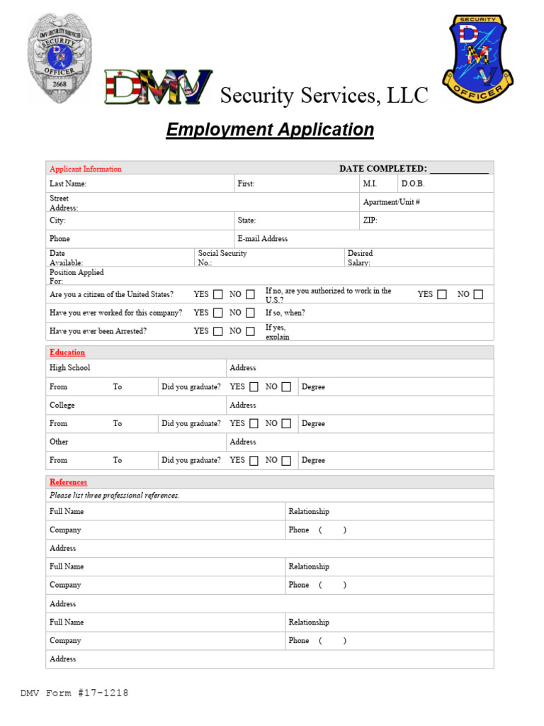 Security Services Employment Application | PDF