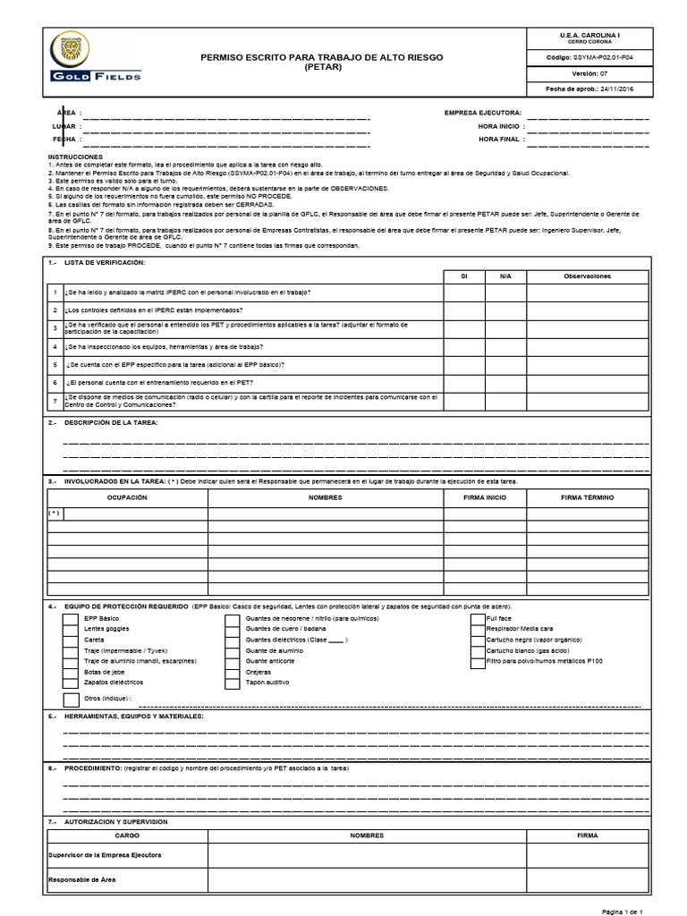 Permiso para Trabajos de Alto Riesgo | PDF