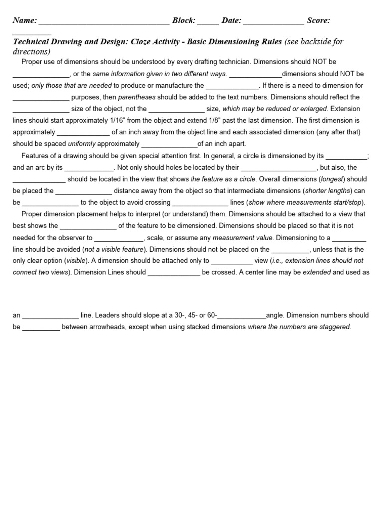 Dim Unit (CW) Cloze Activity (General - Rules - For - Dimensioning ...