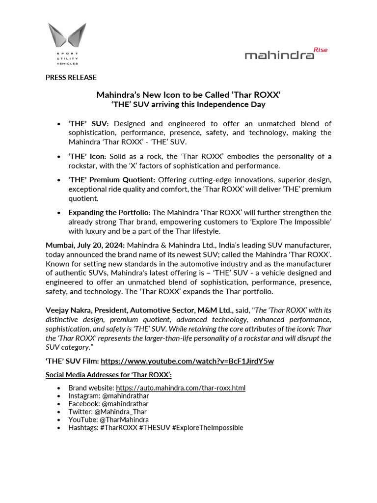 Press Release Mahindra Names Its New Icon The Thar ROXX | PDF | Economies