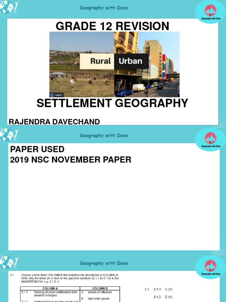 Grade 12 Settlement Geography Revision | PDF