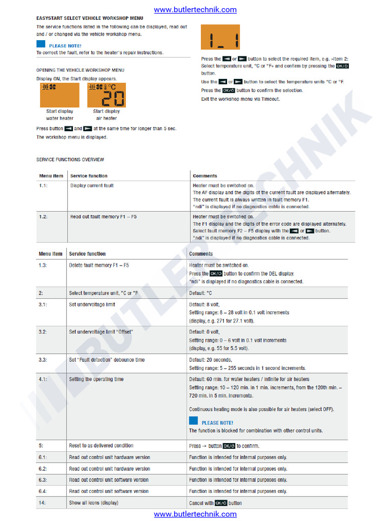 Eberspacher Espar Easy Start Select Workshop Menu Manual | PDF