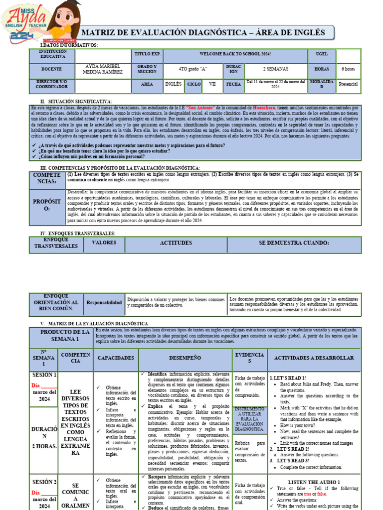 Matriz de La Evaluación Diagnóstica 2024 - Miss Ayda - 4to | PDF | Evaluación | Aprendizaje