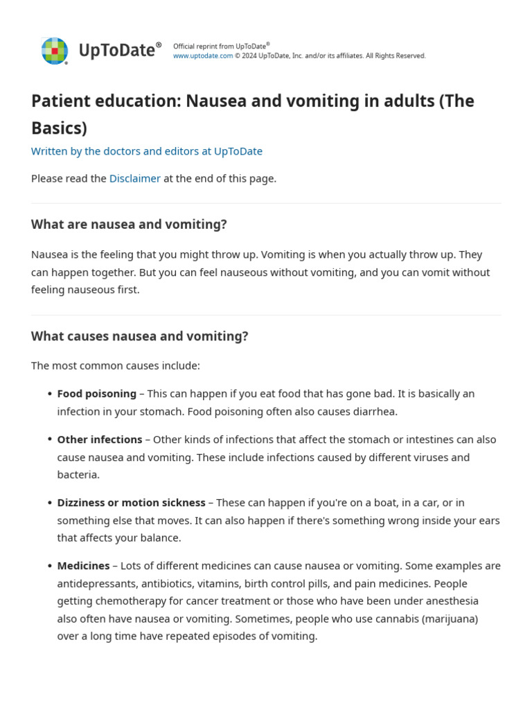 Patient Education - Nausea and Vomiting in Adults | PDF | Nausea | Vomiting