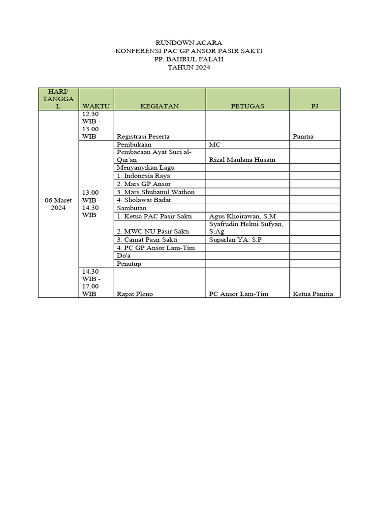 RUNDOWN ACARA KONFERENSI PAC ANSOR | PDF