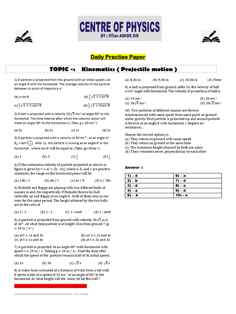 Kinematics (Projectile DPP - 2) | PDF | Kinematics | Dynamics (Mechanics)