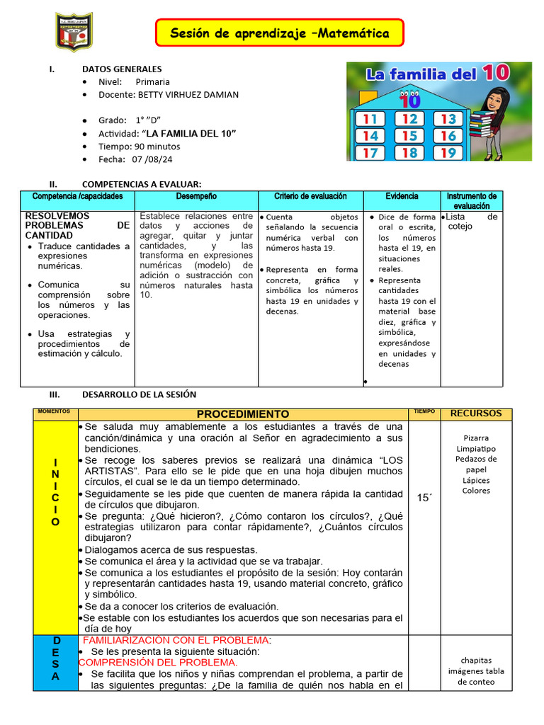 Actividad Matemática: Contando hasta 19 | PDF | Evaluación