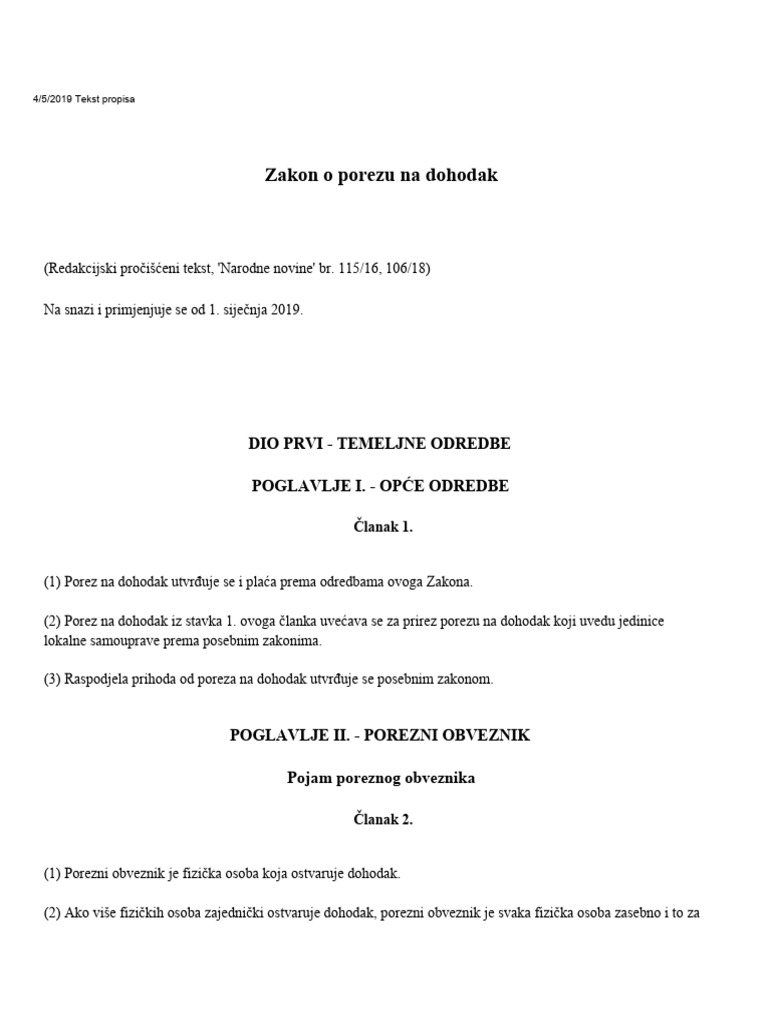 Zakon o Porezu Na Dohodak | PDF
