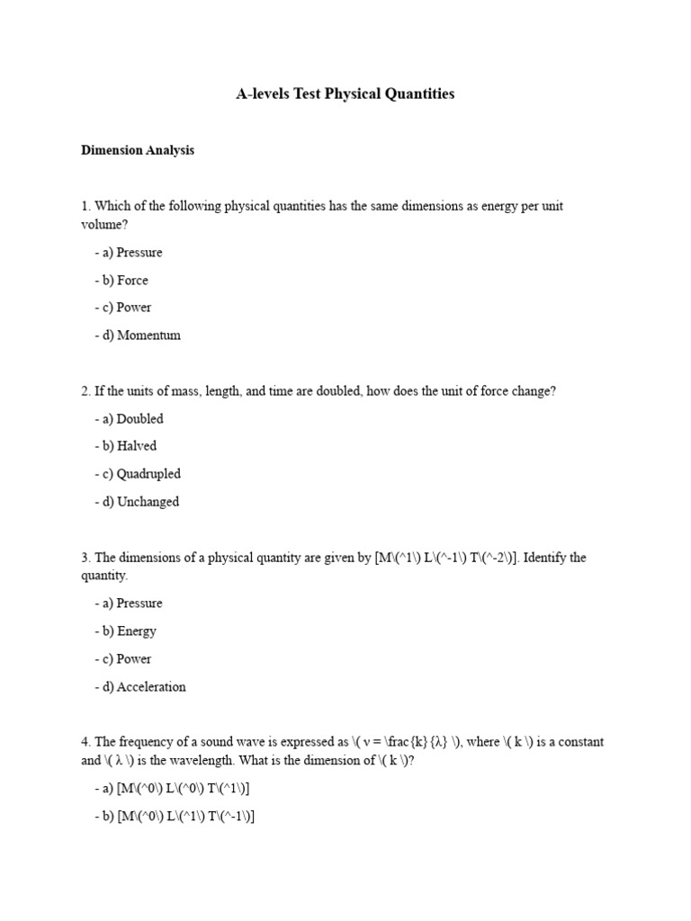 A Levels Test On Dimensions | PDF | Mechanics | Classical Mechanics