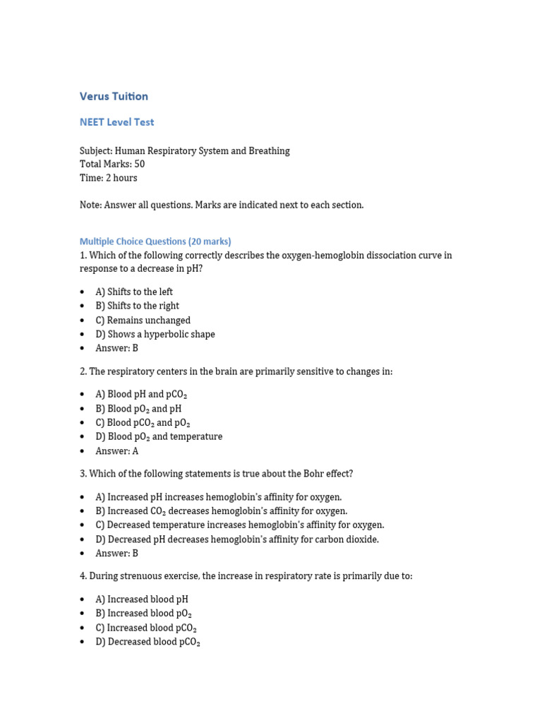 A Levels - Test - Human - Respiratory - System - and - Breathing ...