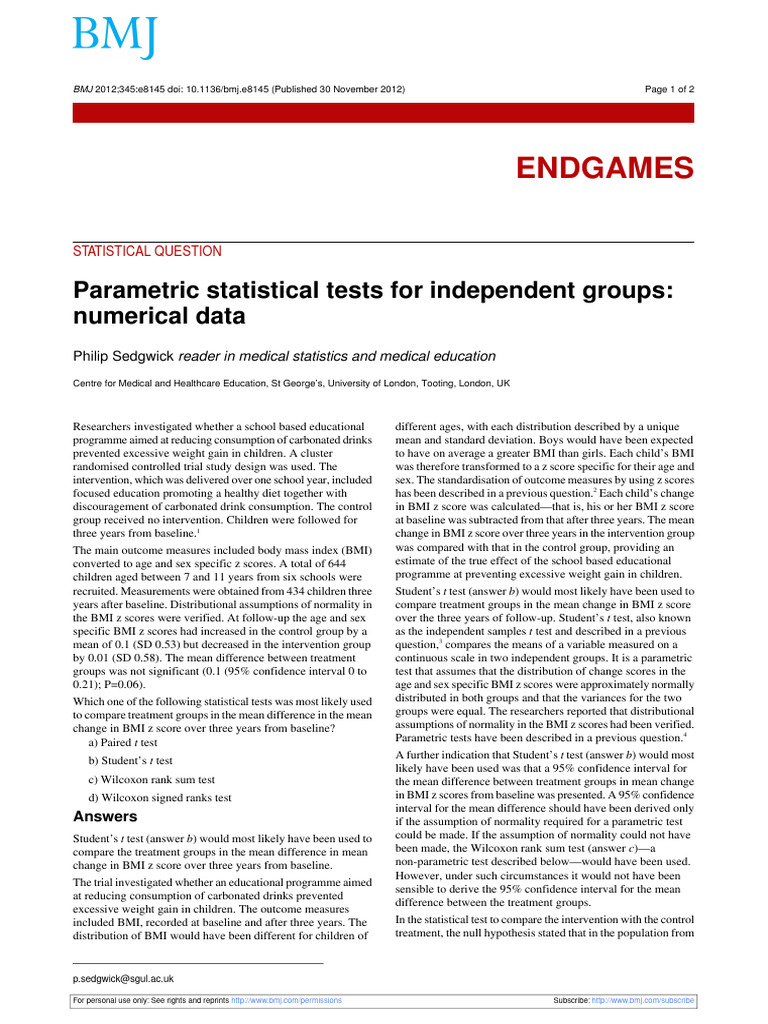 Lecture1 - Parametric Statistical Tests For Independent Groups | PDF ...