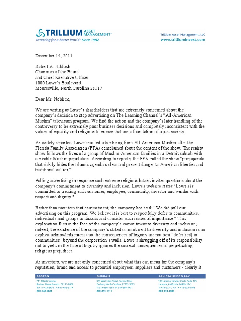 Wp-Content Uploads 2011 12 Trillium-Letter-To-Lowes | PDF | Justice ...