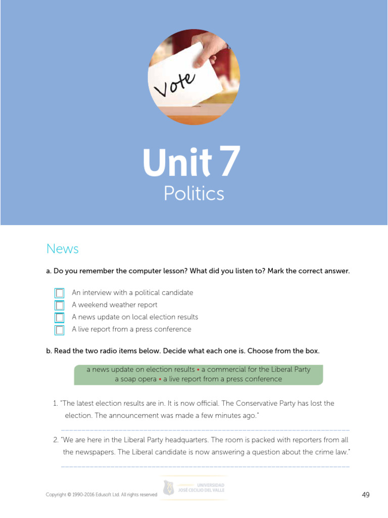 Intermediate 2 Workbook Unit 7 | PDF | Elections