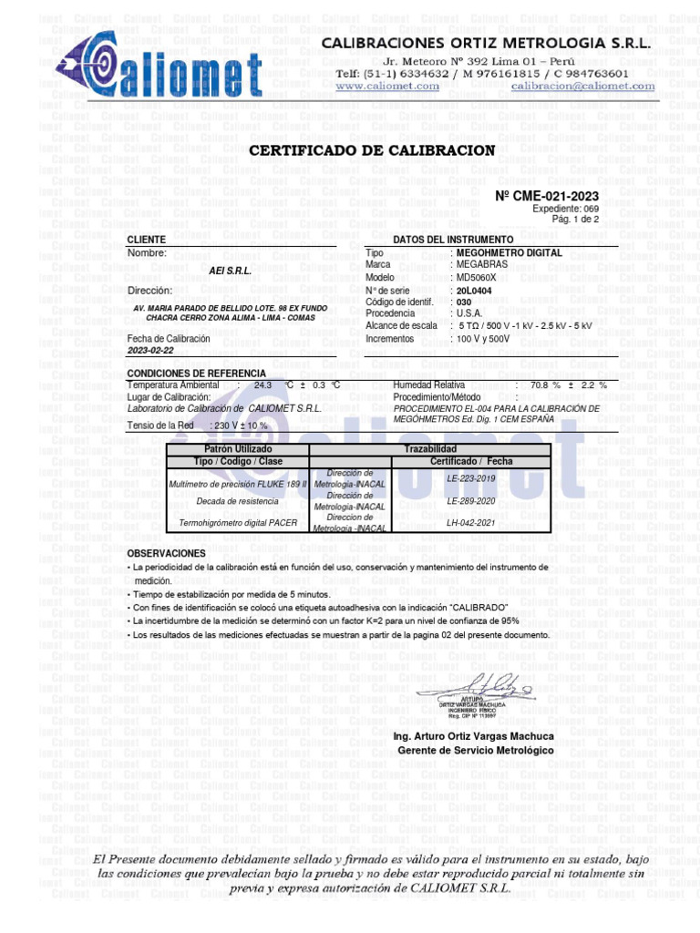 CERT CALIB #CME-021-2023 Megohmetro Megabras Ok | PDF | Calibración | Metrología