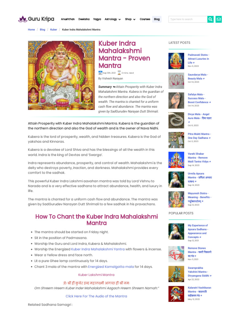 Gurukripa Org in Blog Kuber Kuber Indra Mahalakshmi Mantra | PDF | Hindu Mythology | Indian ...