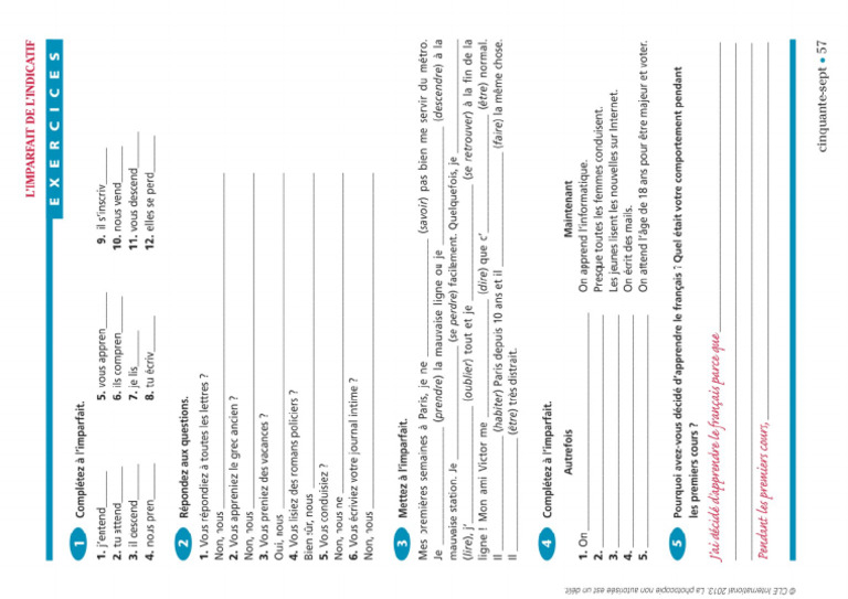 Imparfait RE Exercices p57 | PDF
