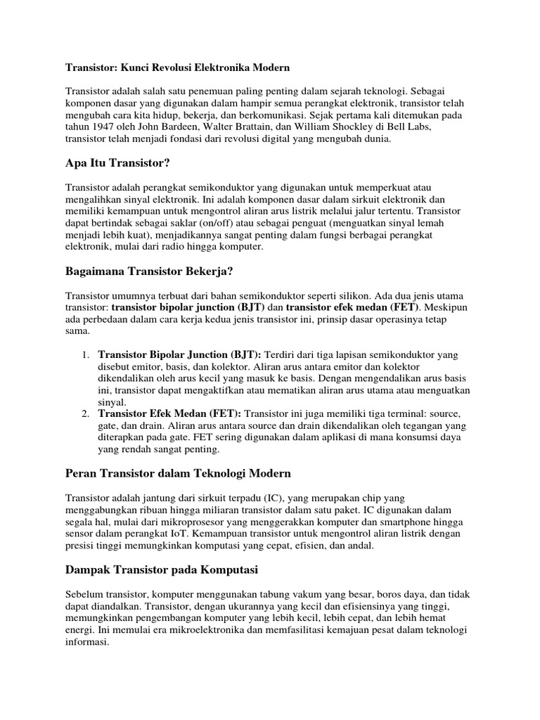 Transistor: Fondasi Elektronika Modern | PDF