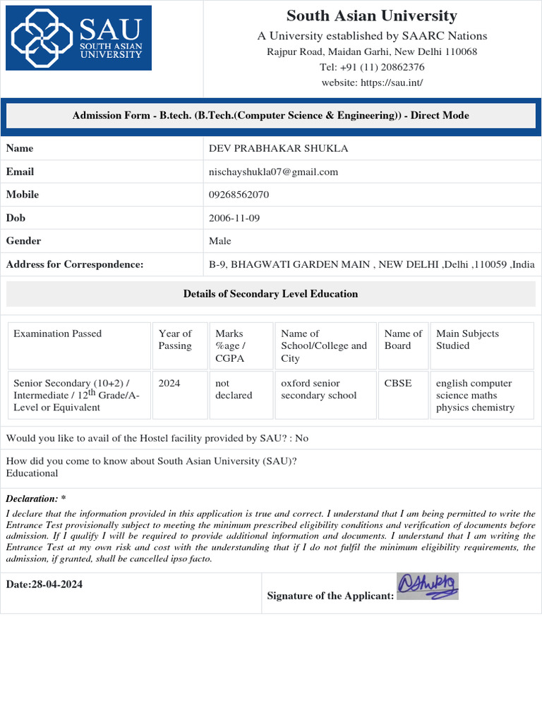 Sau Admission Form Dev Prabhakar Shukla | PDF | Educational Stages