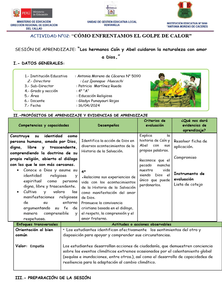 SESIÓN RELIGIÓN 16 - 04 Los Hermanos Caín y Abel Cuidaron La Creación ...