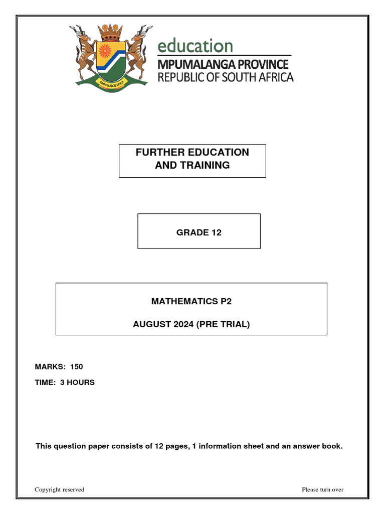 Pre -Trial Mathematics p2 ( August 2024) | PDF | Circle | Area
