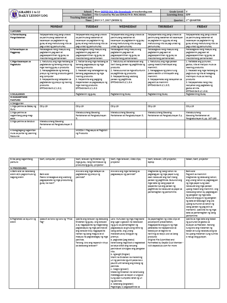 Grade 5 DLL Epp 5 q1 Week 5 | PDF