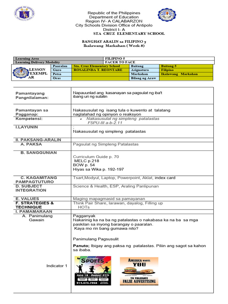 Reontare DLP Filipino q2 Week 8 | PDF