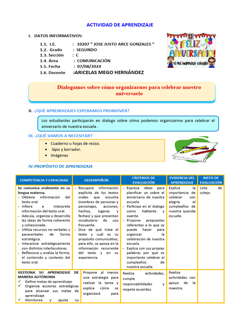 Dialogamos Sobre Cómo Organizarnos para Celebrar Nuestro Aniversario | PDF | Evaluación ...