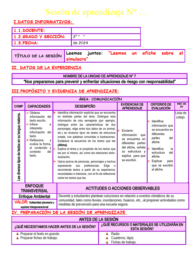 Sesión Leemos Un Afiche Sobre El Simulacro Maestra Janet | PDF ...