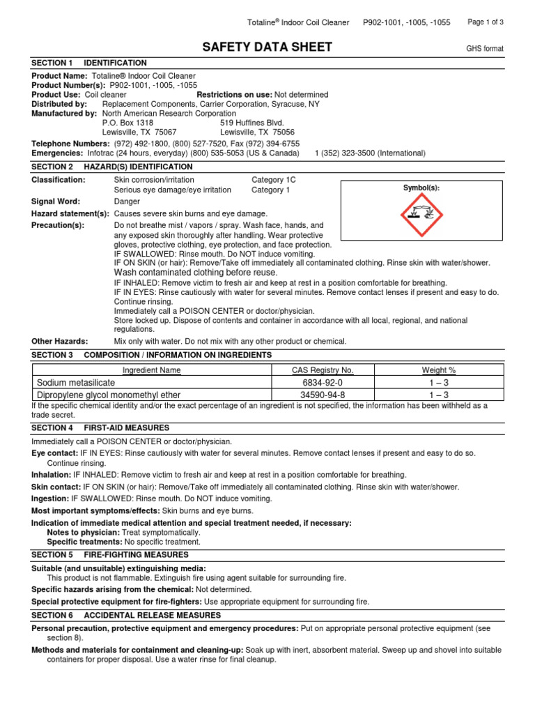 Totaline Indoor Coil Cleaner Safety Data | PDF | Personal Protective ...