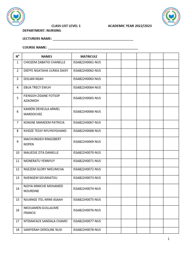 2022/2023 Level 1 Class Lists | PDF