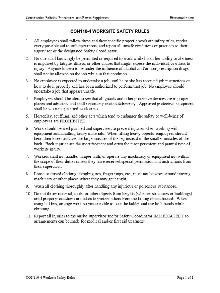 Worksite Safety Rules for Construction | PDF | Personal Protective ...