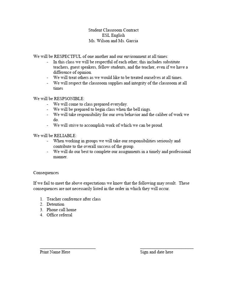ESL Classroom Contract | PDF | Teachers