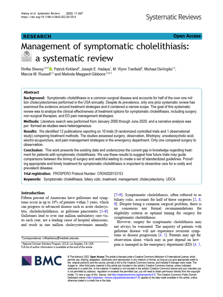 Management of Symptomatic Cholelithiasis | PDF | Randomized Controlled ...