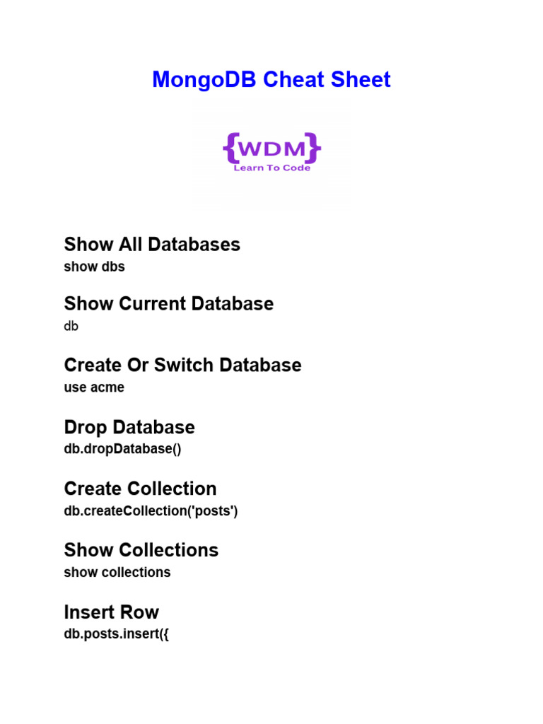 MongoDB Cheat Sheet | PDF | Computing | Data Management