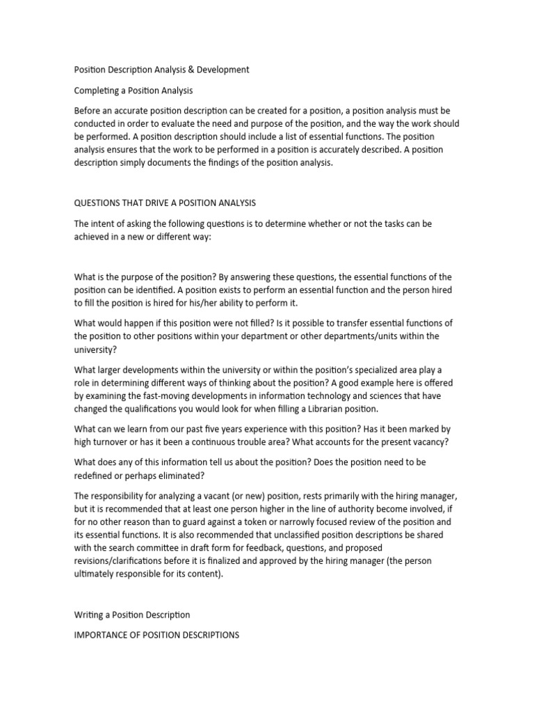 Position Description Analysis & Development | PDF | Performance Appraisal