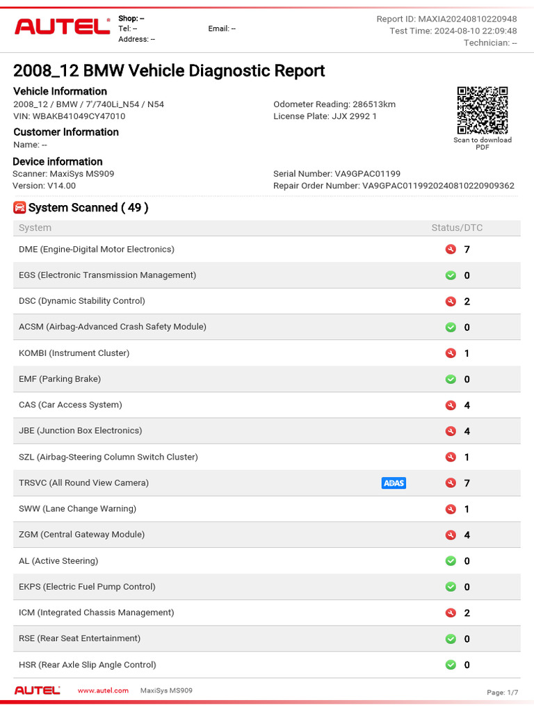 BMW 740Li Diagnostic Report Summary | PDF | Vehicles | Manufactured Goods