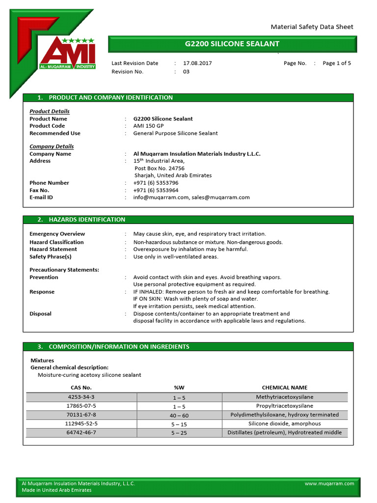 G2200 Silicone Sealant MSDS | PDF | Carbon Dioxide | Silicone