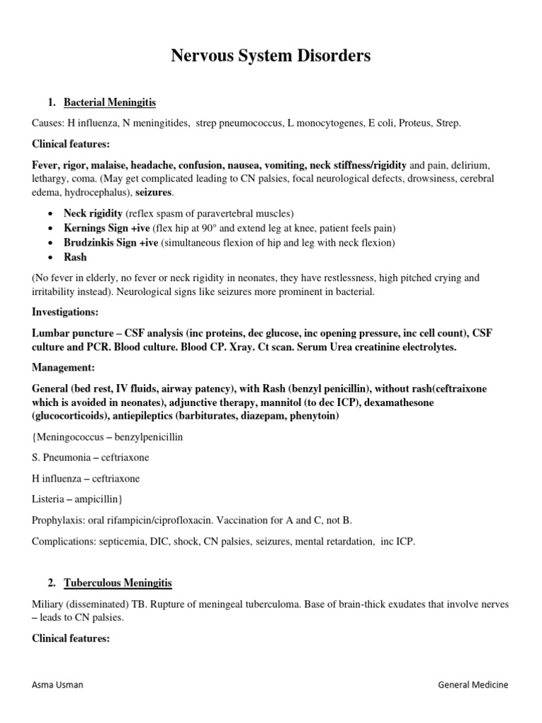 Nervous System Disorders Overview | PDF | Headache | Meningitis