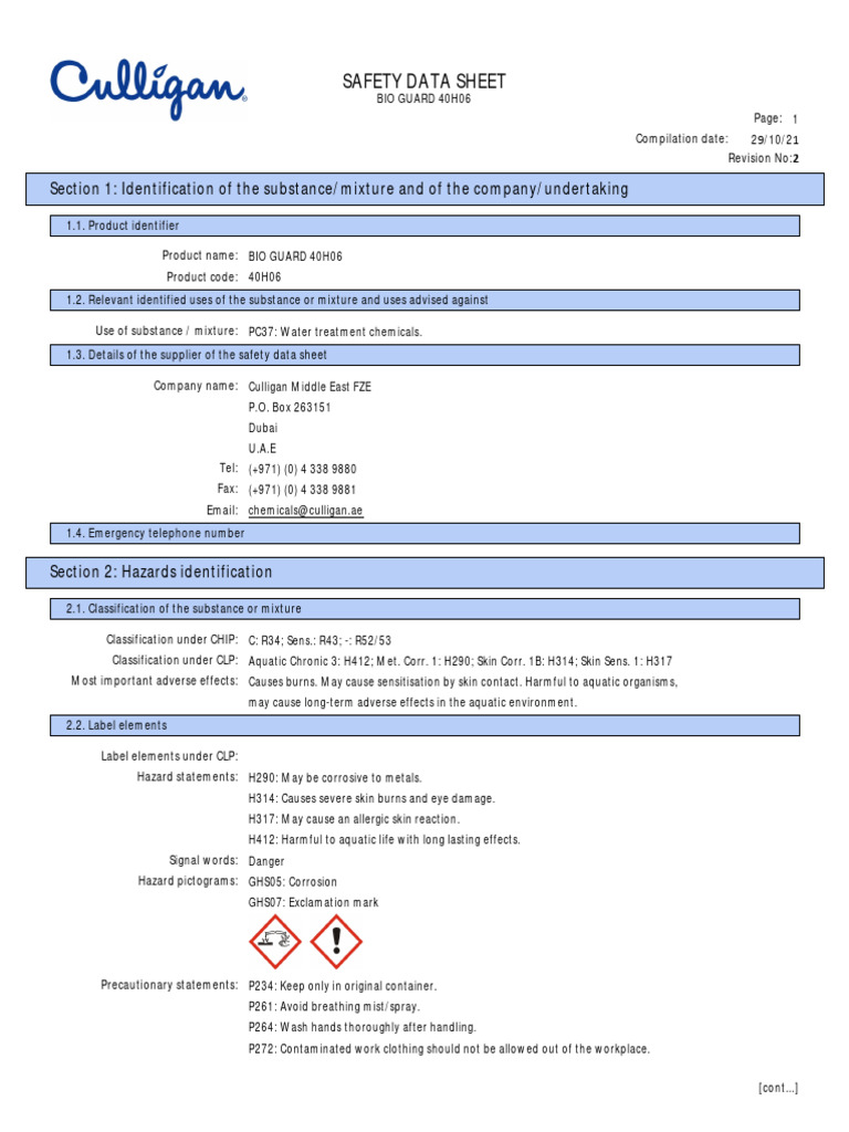 MSDS Bio Guard 40H06 EN ME | PDF | Toxicity | Personal Protective Equipment